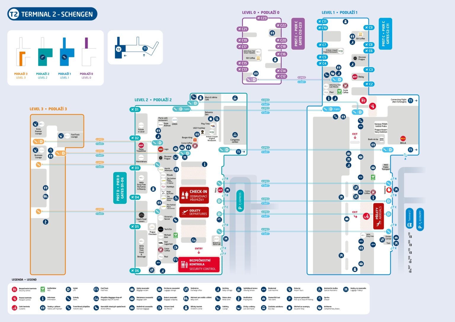 Mapa letiště Praha: Mapy terminálu, autobusů a únikových cest | Prague.org